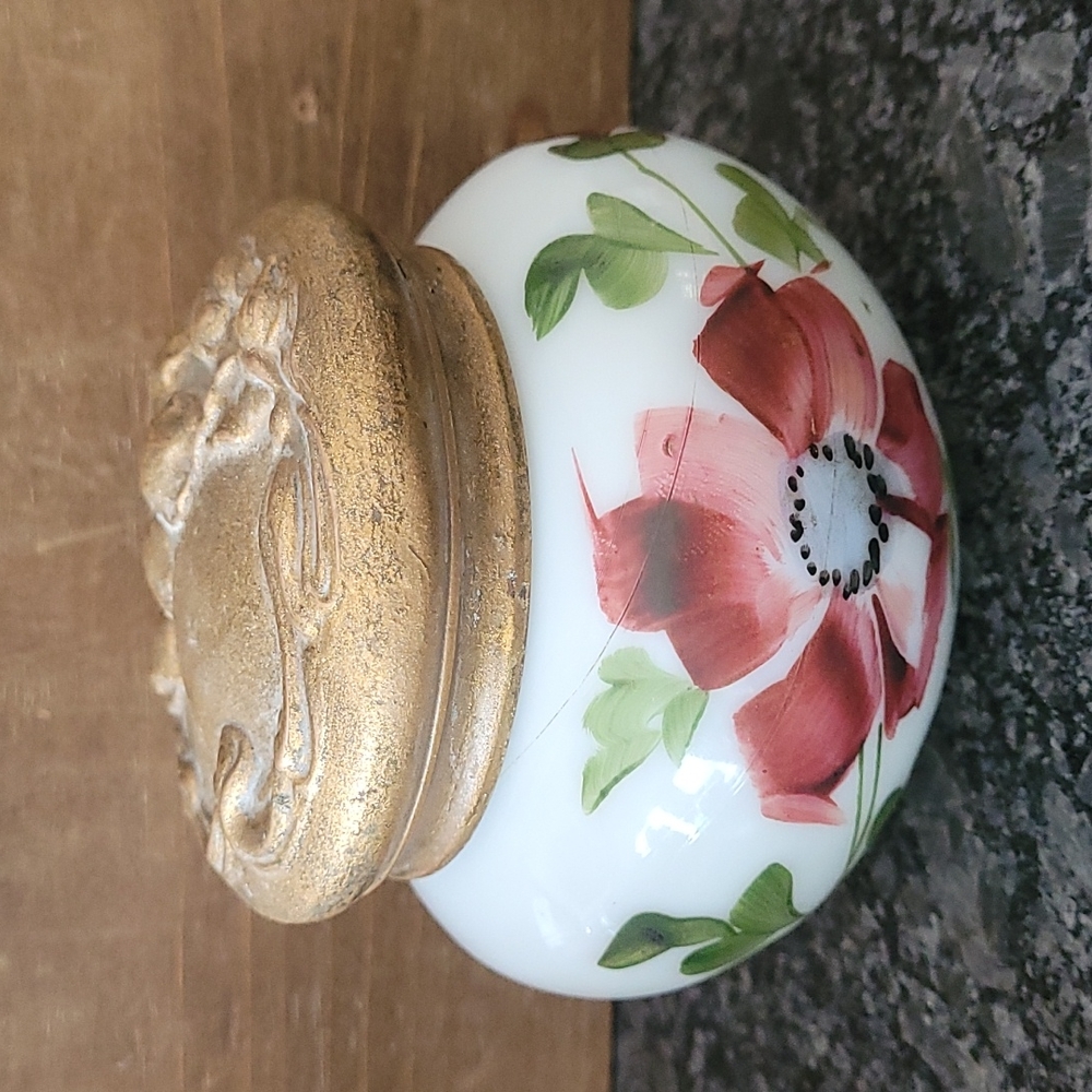 Vintage Milk Glass Vanity Jar With Metal Lid - Gem